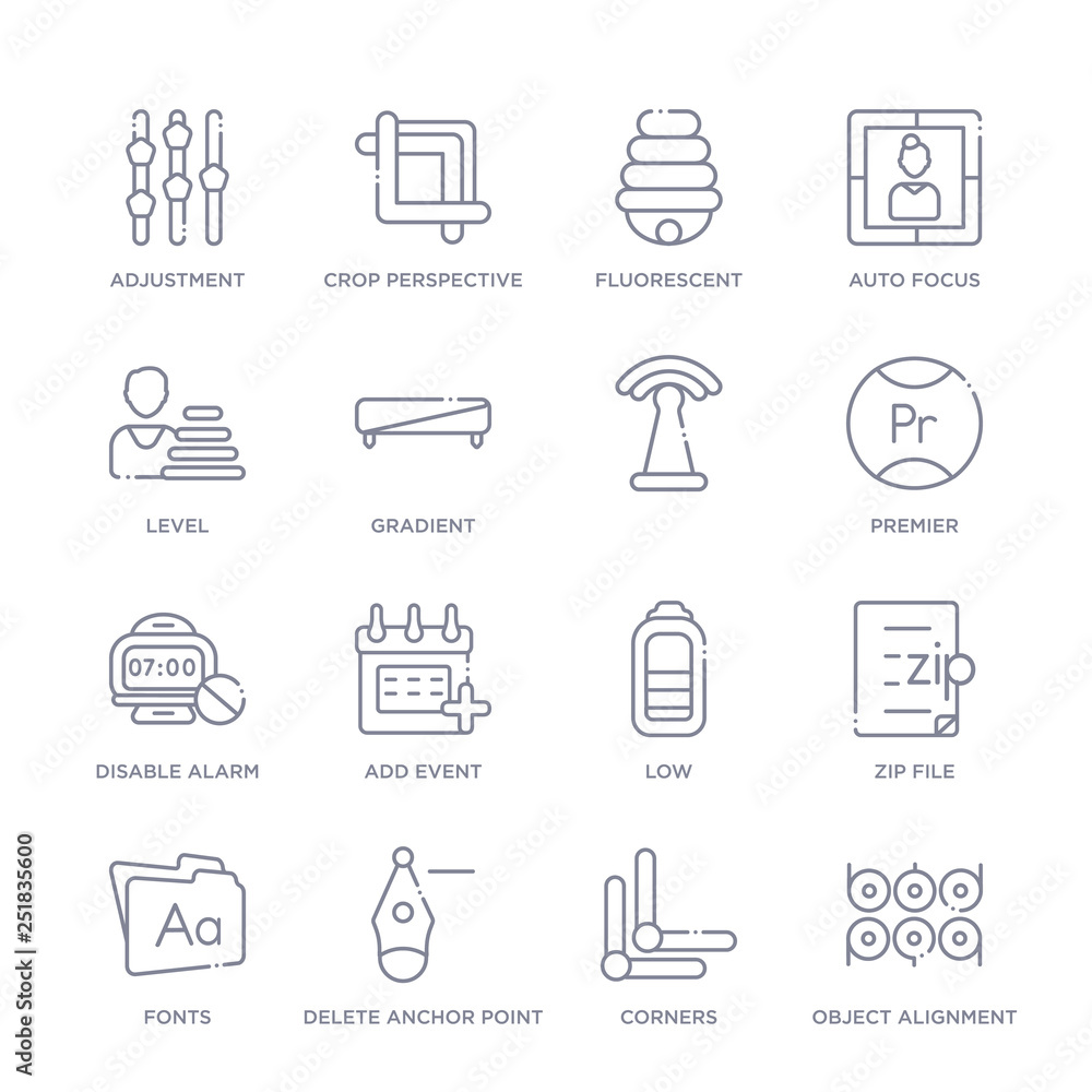 set of 16 thin linear icons such as object alignment, corners, delete anchor point, fonts, zip ...