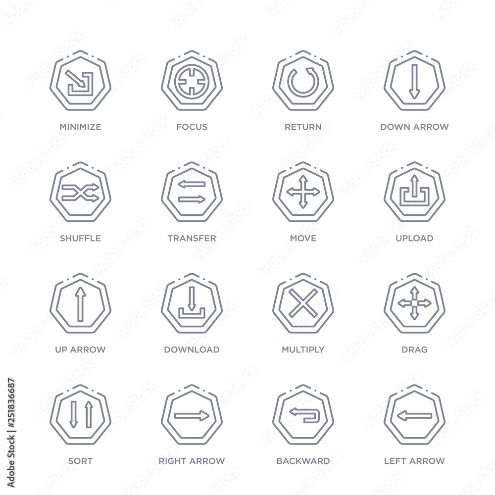 set of 16 thin linear icons such as left arrow, backward, right arrow, sort, drag, multiply ...