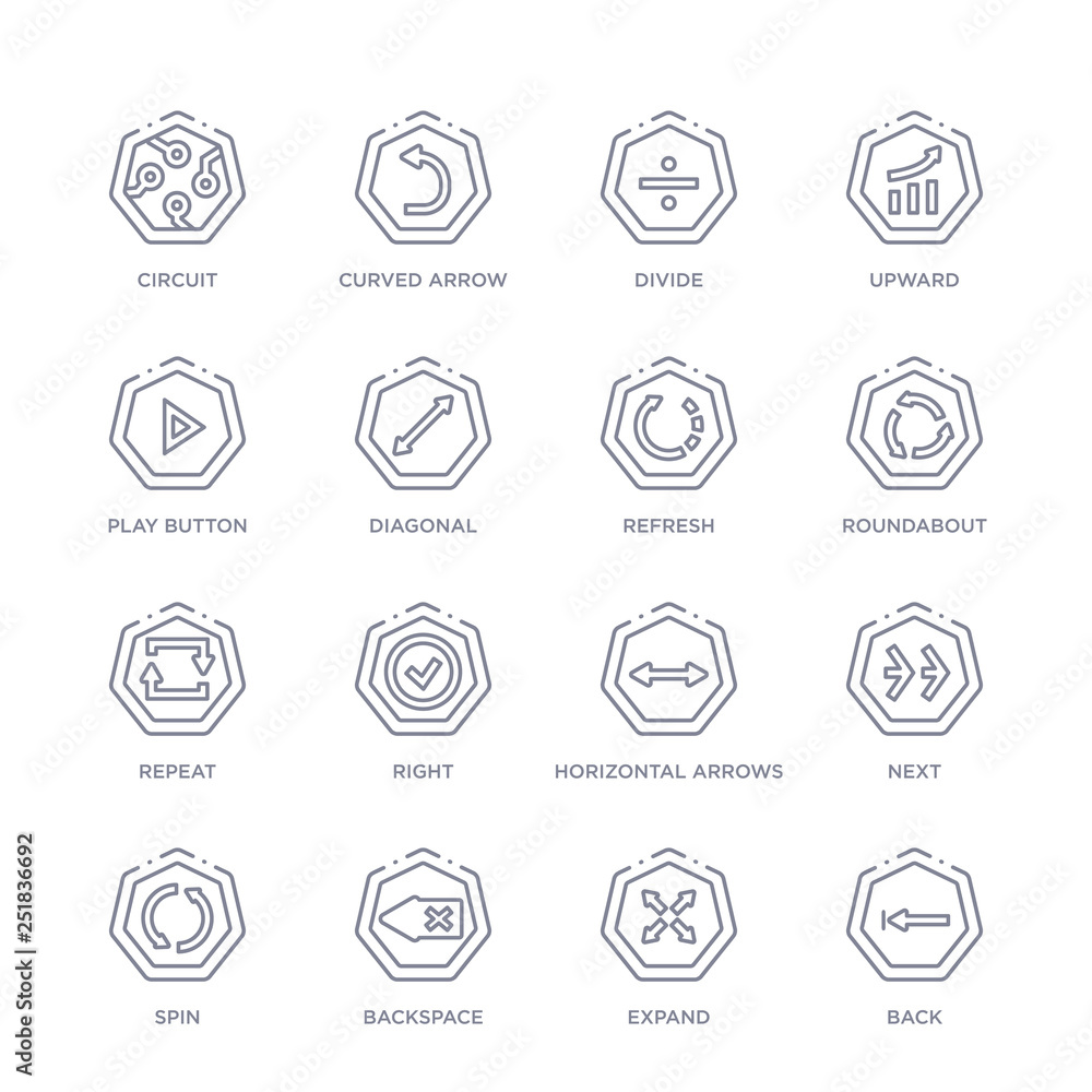 Vecteur Stock set of 16 thin linear icons such as back, expand, backspace, spin, next ...