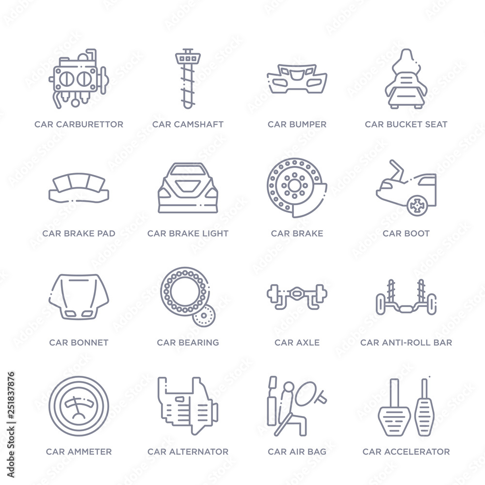 set of 16 thin linear icons such as car accelerator, car air bag, car ...