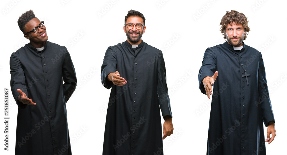 Collage of christian priest men over isolated background smiling ...