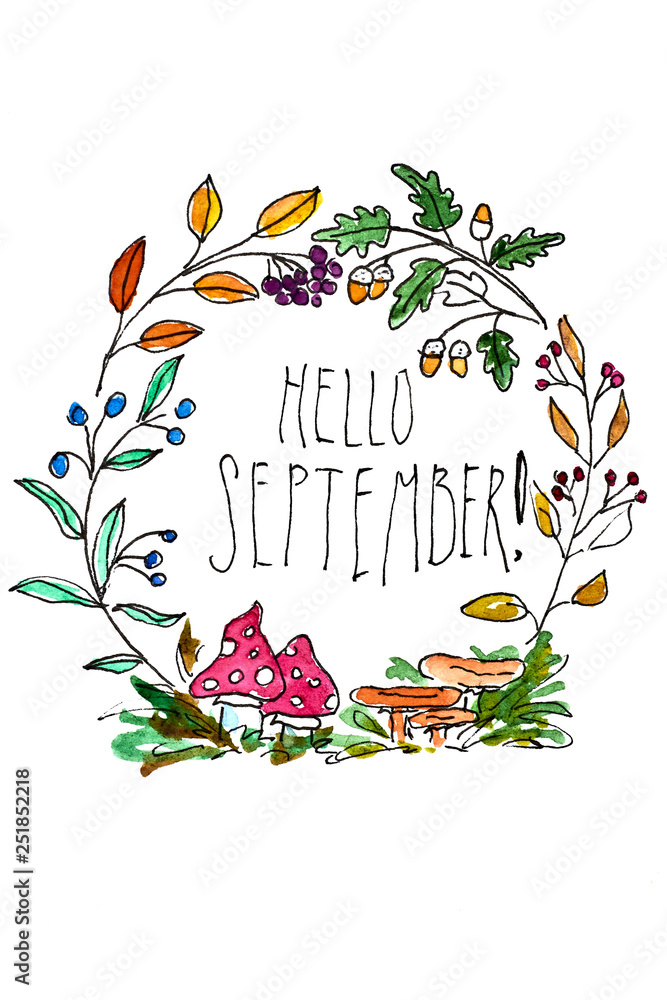 Watercolor postcard illustration with leaves on the branches and ...