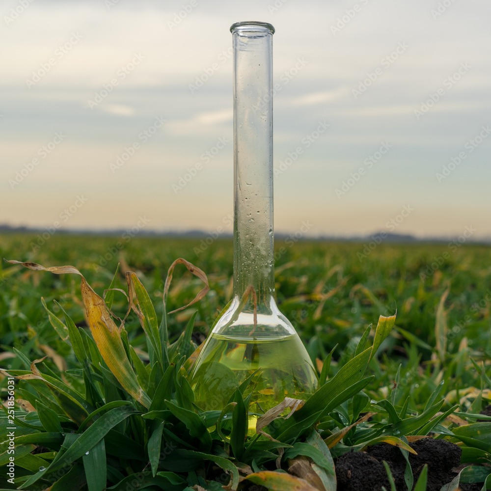 Image of a glass flask with a chemical solution on the background of ...