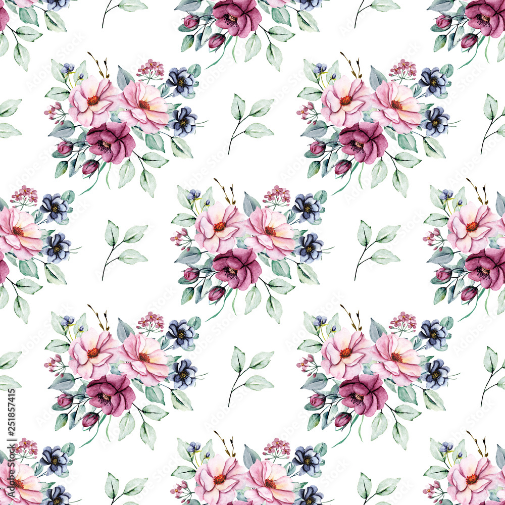 Seamless background, floral pattern with watercolor flowers peonies ...