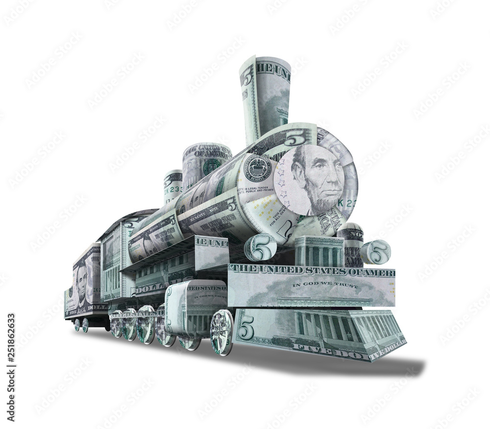 A steam locomotive made of banknotes. A locomotive made of 5 dollar ...