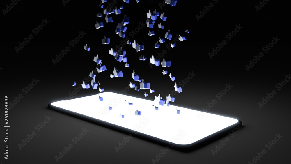 Cell phone with blue thumbs-up icons rising out of bright screen 3D ...