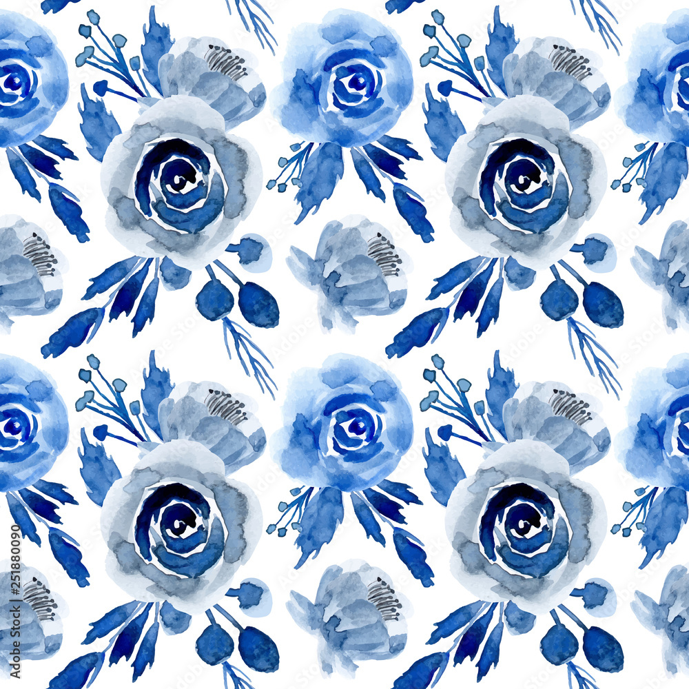 blue watercolor floral seamless pattern Stock Vector | Adobe Stock
