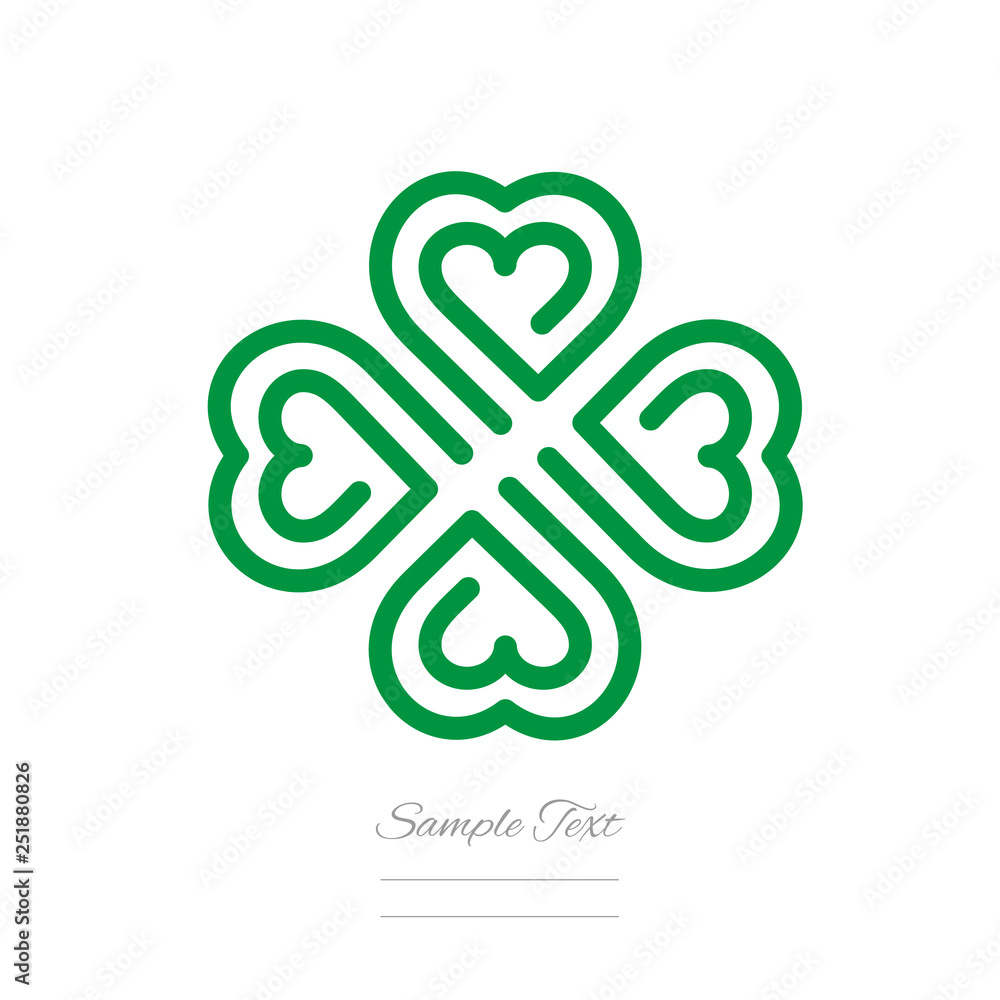Clover logo line design four green hearts icon isolated white ...