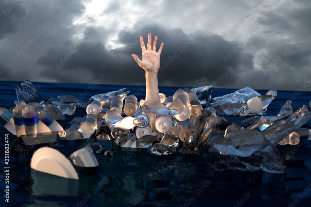 A person is drowning in plastic waste, the concept of environmental ...