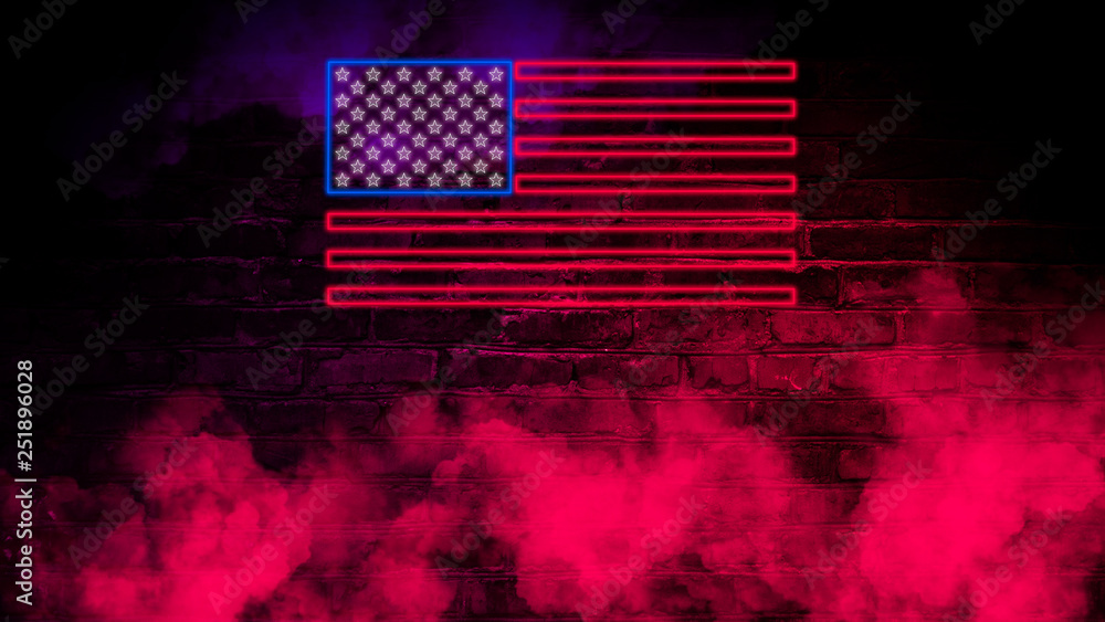 USA flag neon sign. Night bright Signboard USA flag. American flag on ...