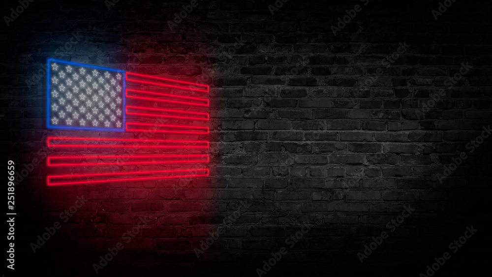 USA flag neon sign. Night bright Signboard USA flag. American flag on ...