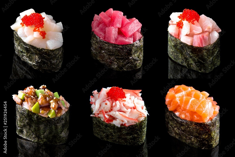 Set sushi gunkan made from tuna, salmon, sea comb, perch, shrimp and ...