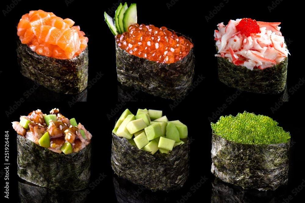 Set sushi gunkan from salmon, caviar, tuna, shrimp, avocado and smoked ...