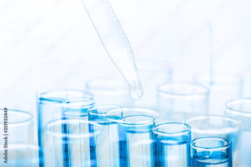 Science laboratory test tube and pipet with drop, laboratory equipment ...