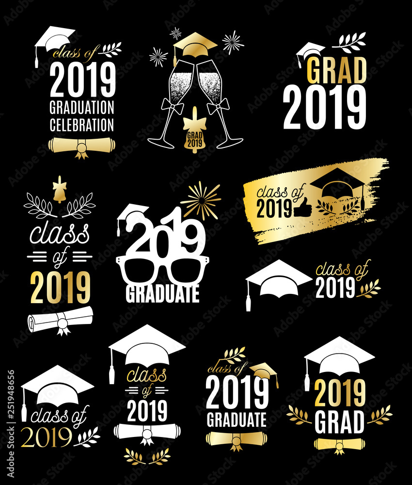 Graduation class of 2019 labels design set with golden elements ...