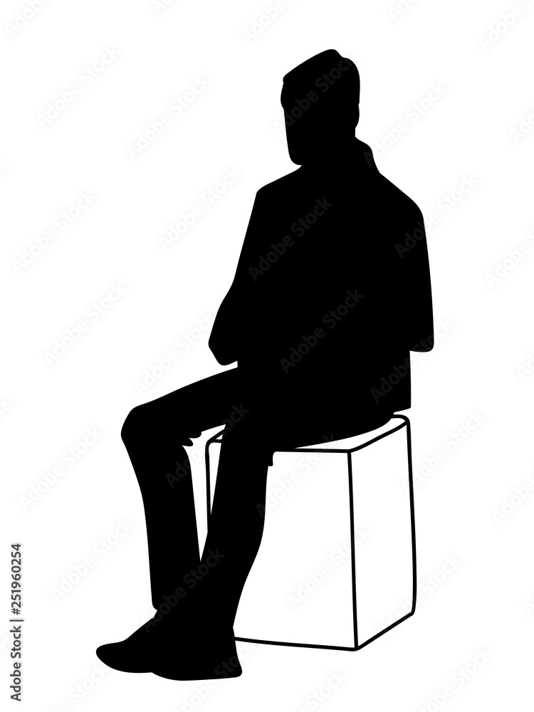 Man sitting on box. Stencil. Vector illustration of black silhouette of ...