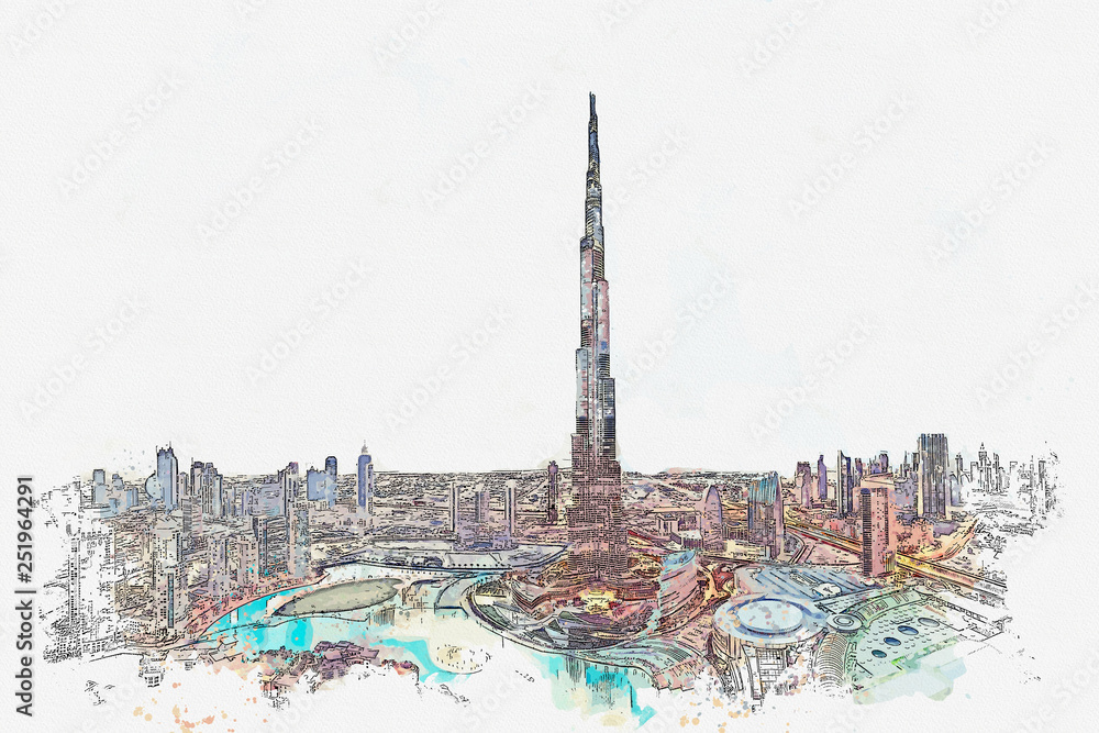 Watercolor sketch or illustration of a beautiful view of modern ...