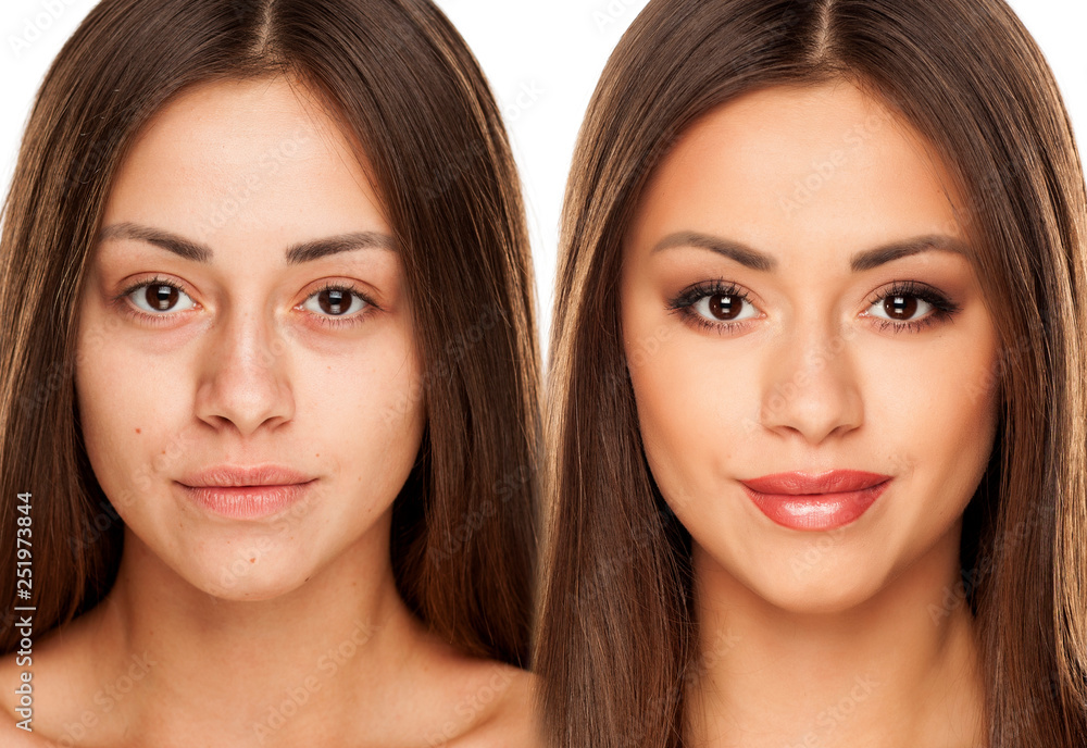 Comparision portrait of young woman without, and with makeup on a white ...