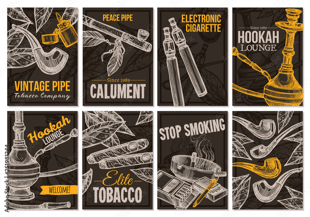 Set of vector hand drawn posters with tobacco and smoking collection ...