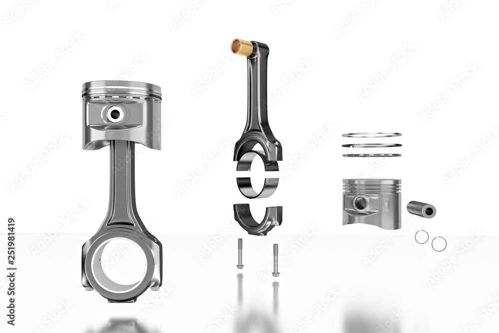 3D rendering. Engine piston with piston rings. Truck pistons on grey ...