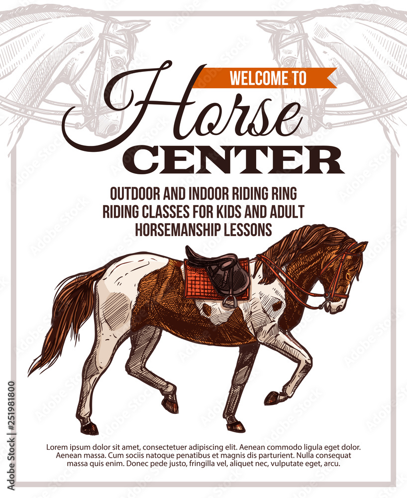 Vector template for horse riding poster with hand drawn horse with ...