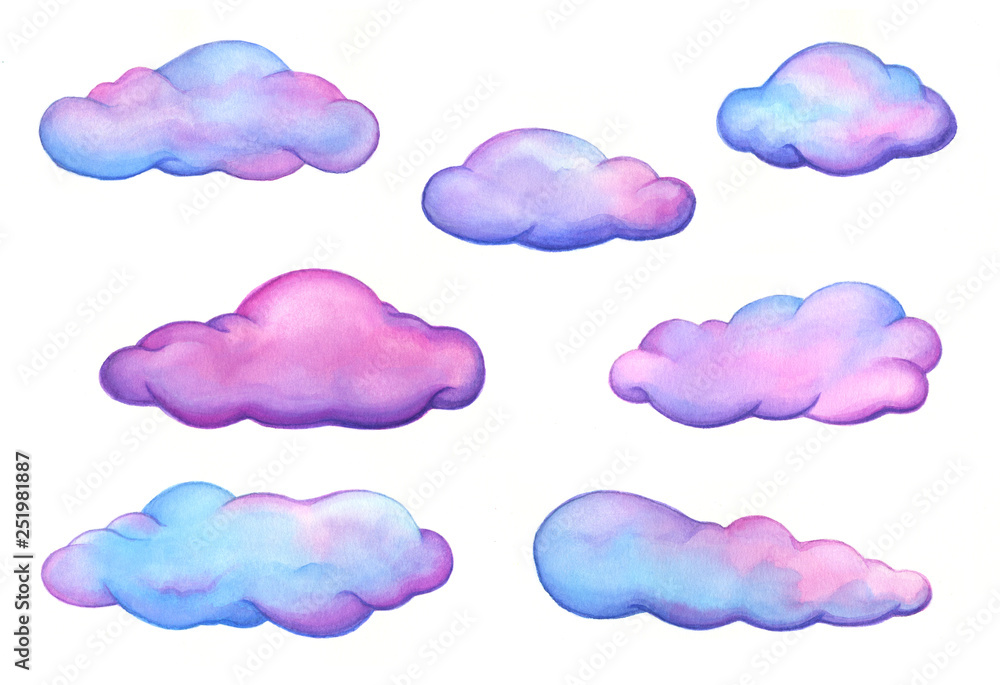 Set of pink and purple fluffy, watercolor clouds isolated on white ...