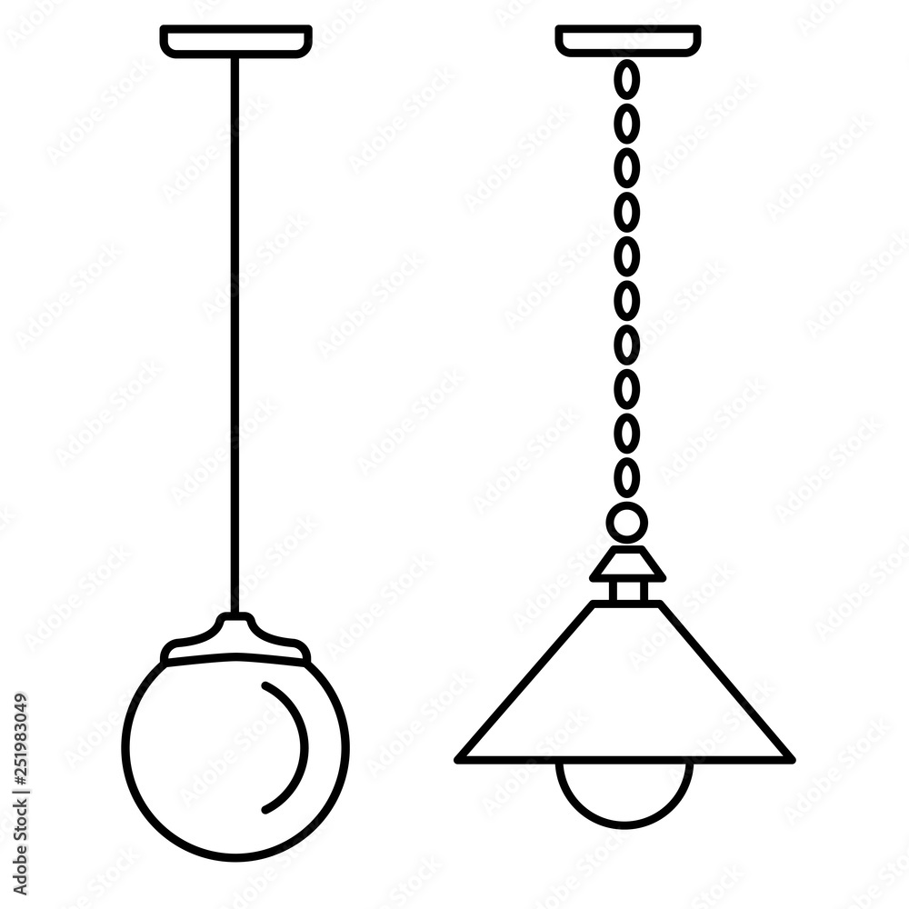 Black & white vector illustration of hanging pendant lamp. Line icon of ...