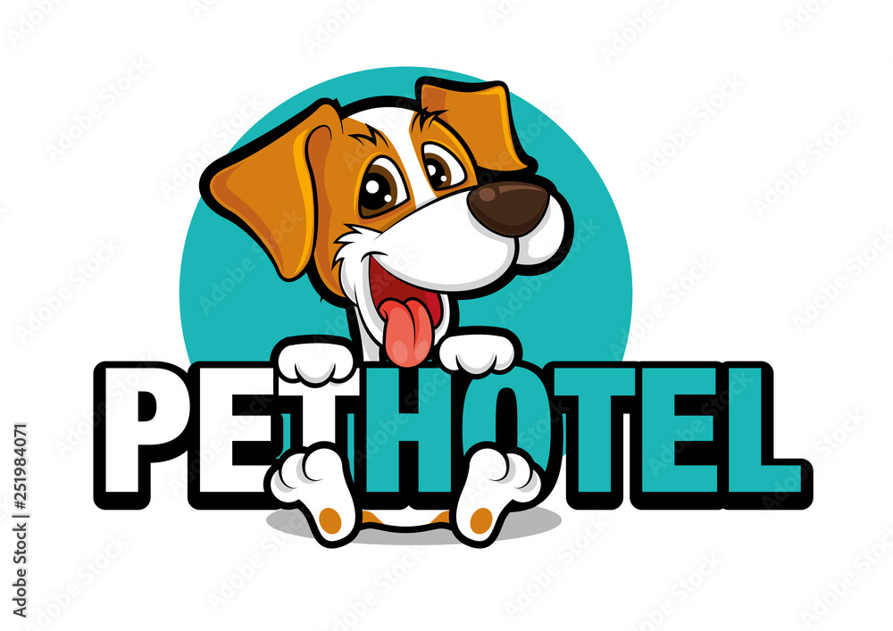 Cute dog holding a big signboard, pet hotel vector illustration logo ...