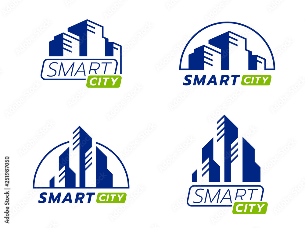 Blue and green smart city logo sign with modern abstract isometric ...