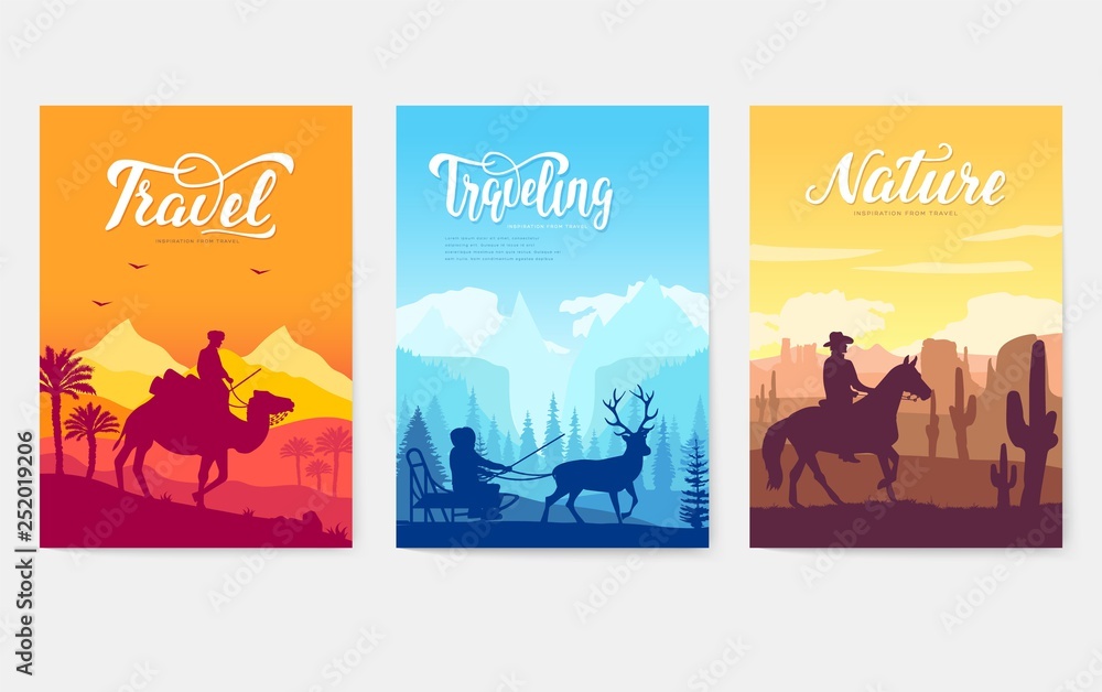 Different riders of the world vector brochure cards set. Colorful ...