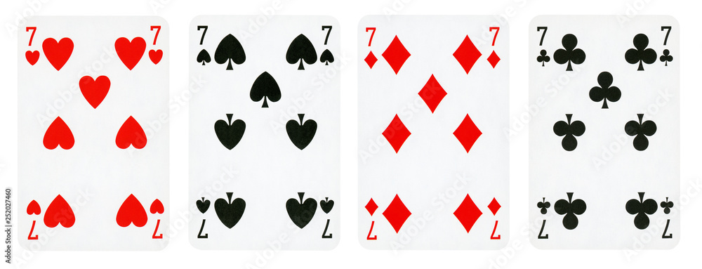 Four Playing Cards Isolated on White Background, Showing Seven from ...
