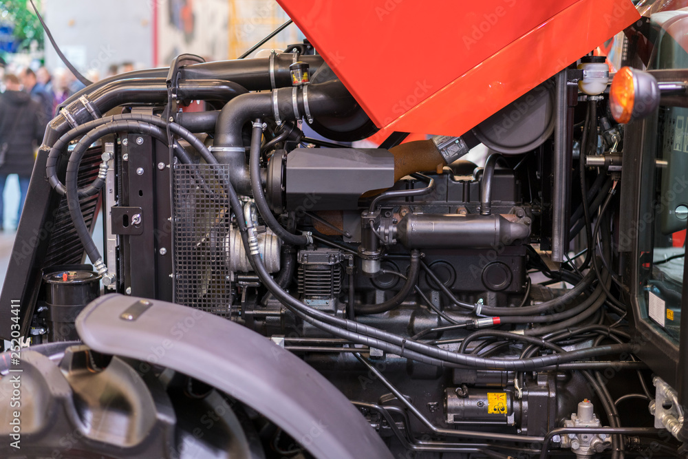 Modern new agricultural diesel tractor engine. Modern new hi-tech ...
