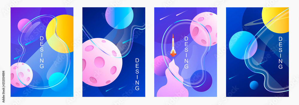 set of beautiful space banners with glass texture. Vector cover design ...