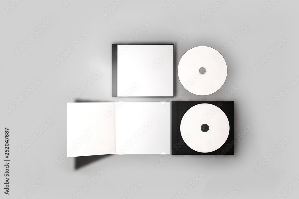 Set compact disc template with plastic box case with white isolated ...