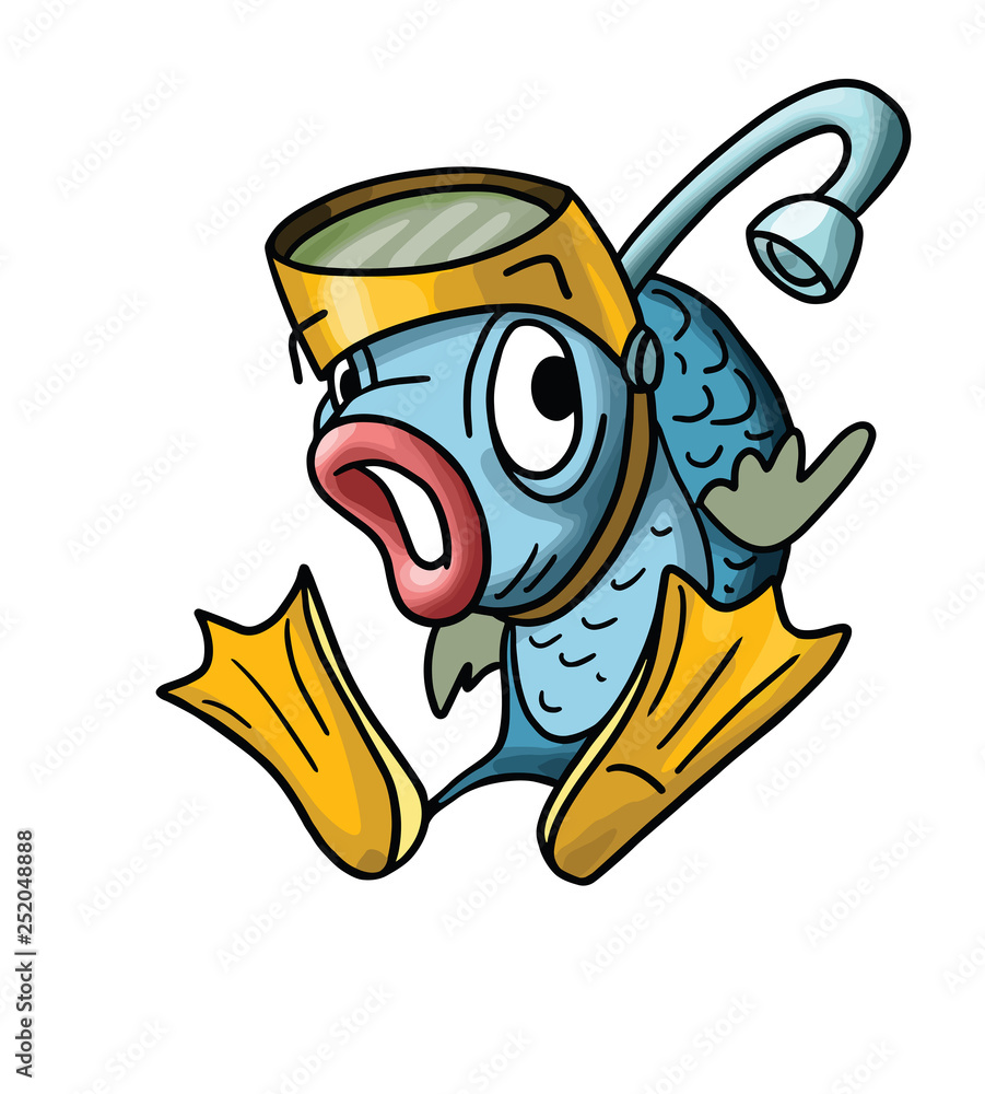Cartoon fish wearing a snorkeling mask and diving flippers vector ...