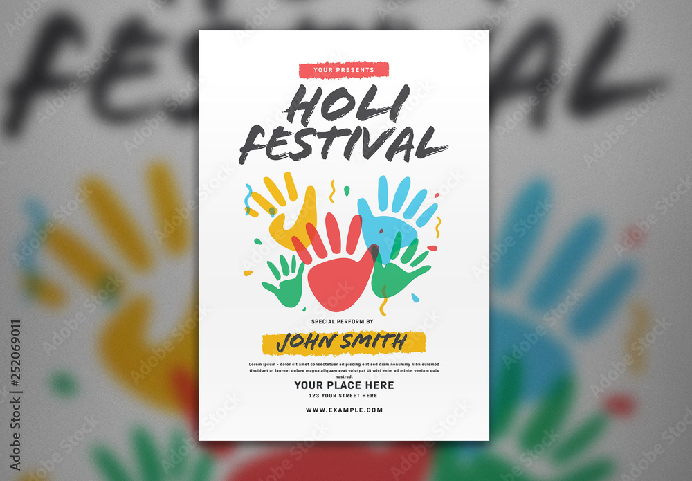 Holi Festival Flyer Layout with Handprints Stock Template | Adobe Stock