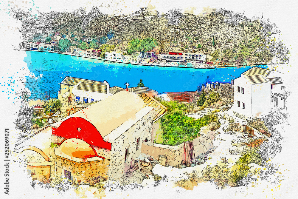 Watercolor sketch or illustration of a beautiful view of traditional ...