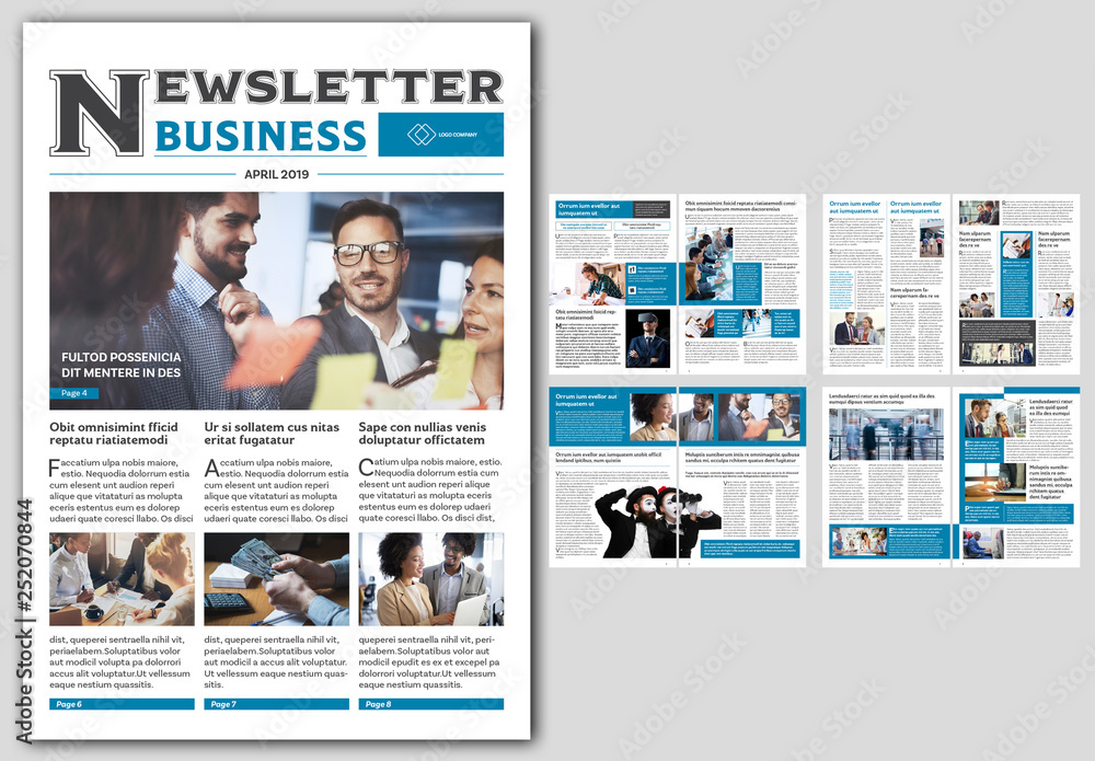 Business Newsletter Layout with Blue Accents Stock Template | Adobe Stock