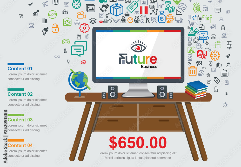 Infographic Layout with Computer and Desk Illustration Stock Template ...