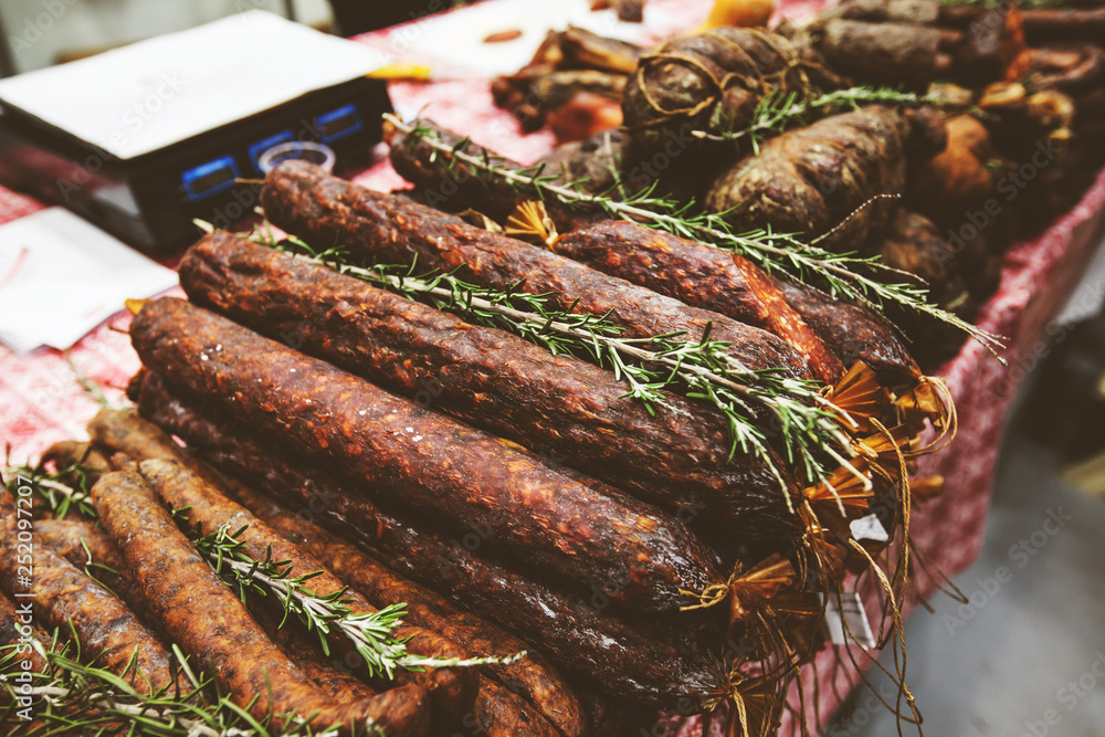 Domestic Traditional Food Smoked Sausage At Local Farmer Marketplace ...