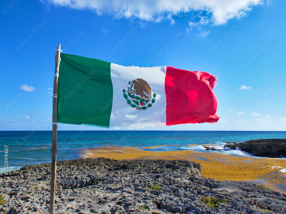 Sunny day. Marine coral and sharp stones. Flag of mexico in paradise ...