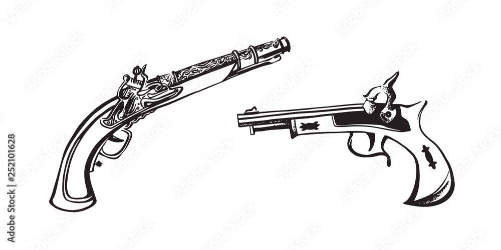 Hand drawn vintage gun. Retro revolver, pistol. Hand drawn sketch ...