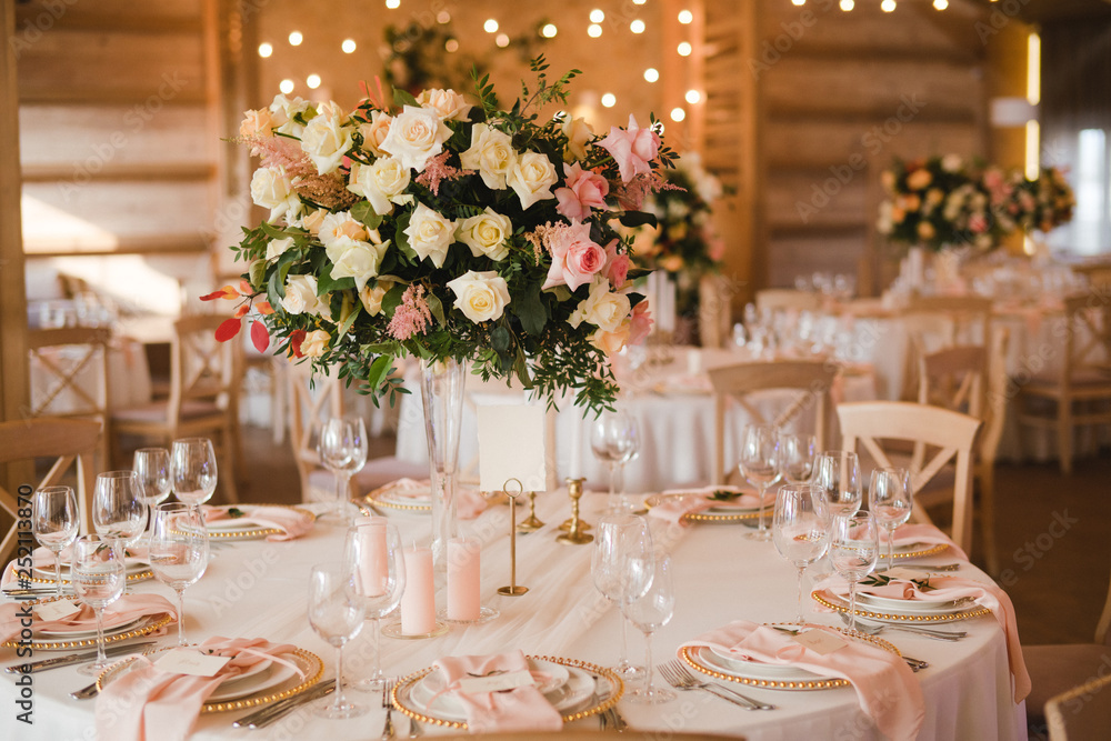 Coziness and style. Modern event design. Table setting at wedding ...