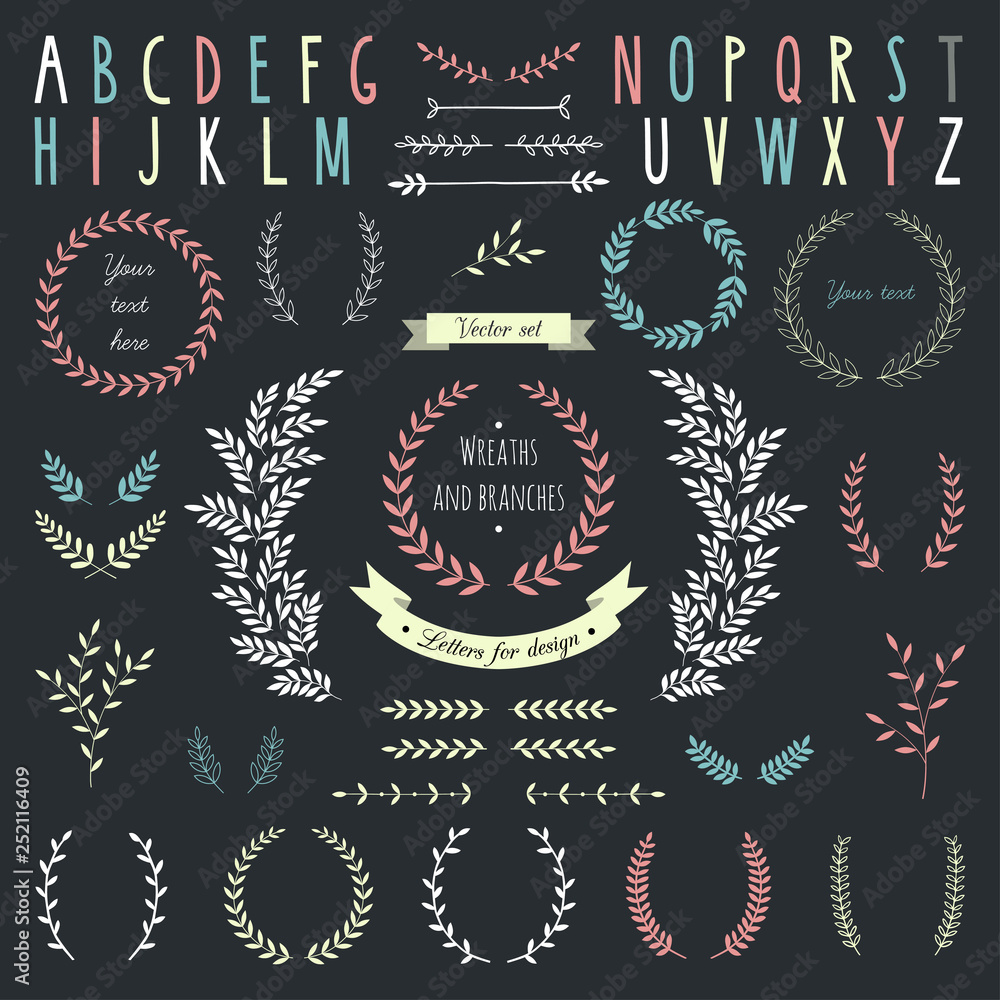 Wreaths and branches set. Laurels, borders and hand drawn alphabet ...