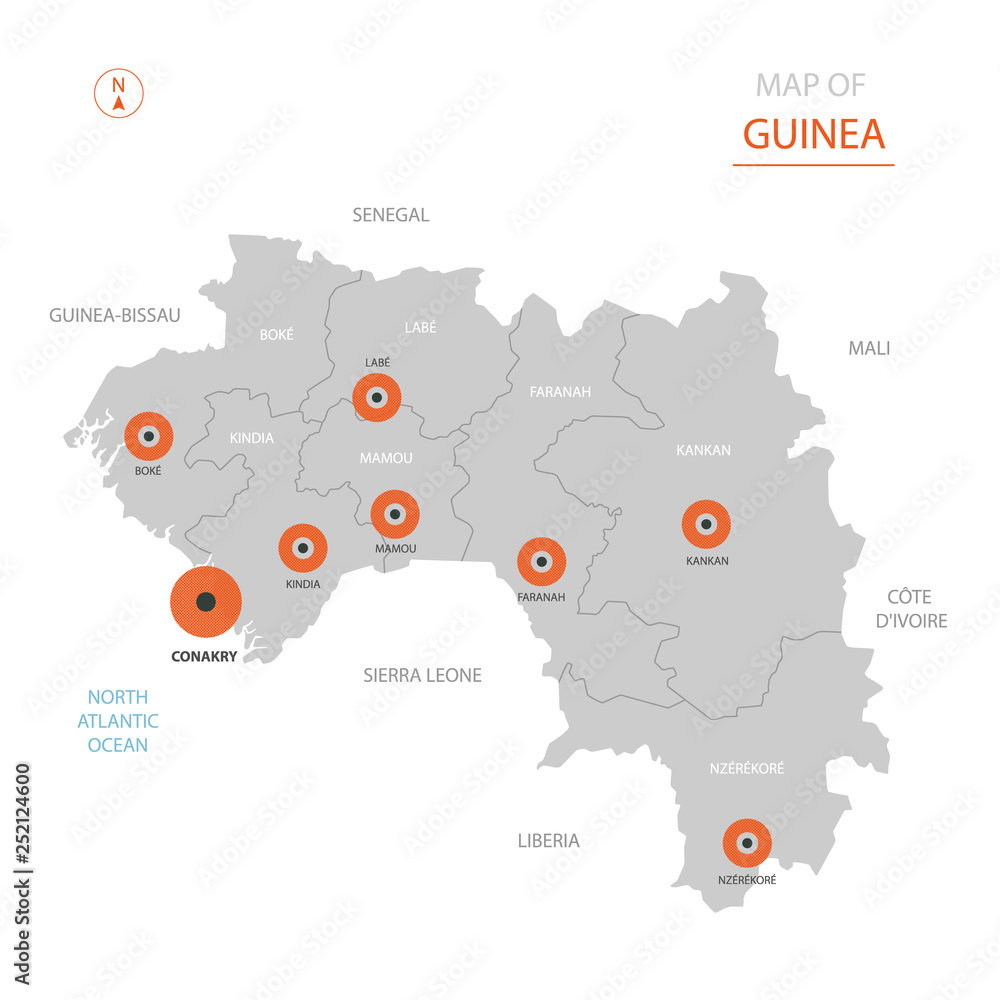 Stylized vector Guinea map showing big cities, capital Conakry, administrative divisions and ...