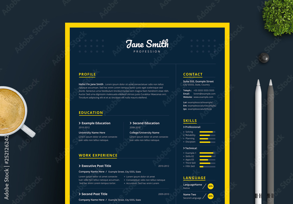Resume, Cover Letter, and Portfolio Layout with Blue and Yellow Accents ...