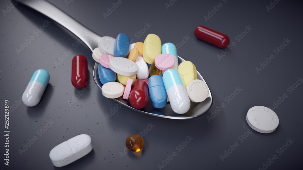 Consumo excesivo de medicamentos. Gran cucharada de pastillas. Stock ...