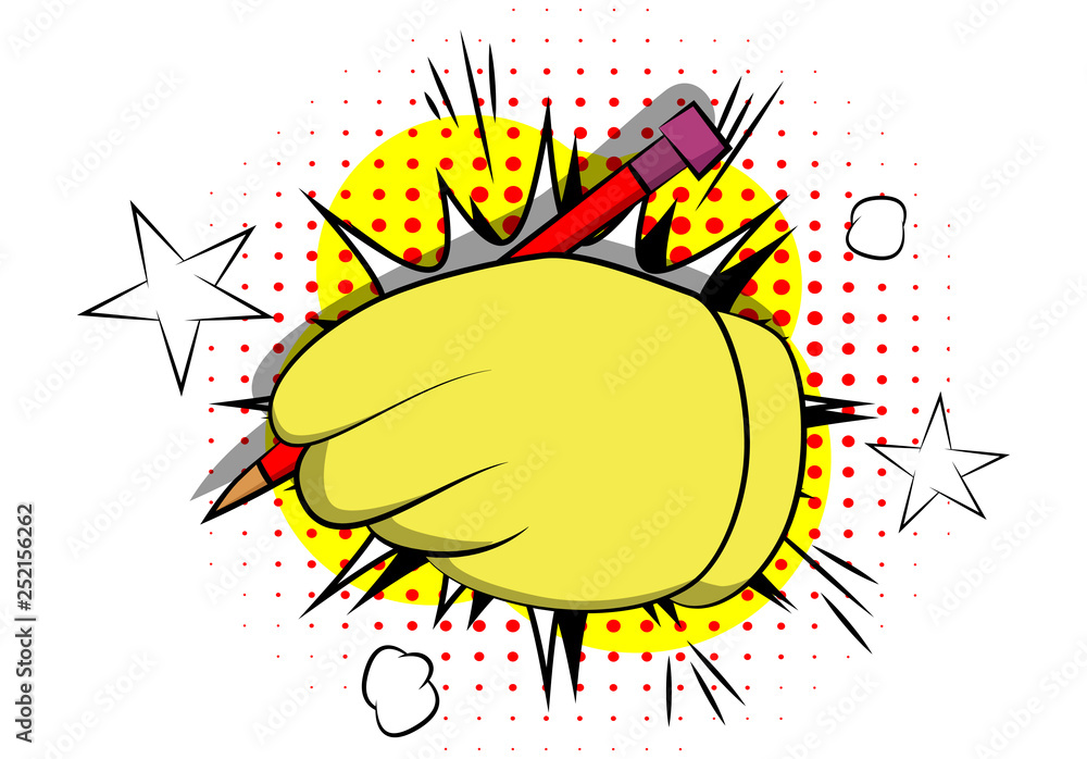 Vector cartoon hand writing with pencil. Illustrated sign on comic book ...