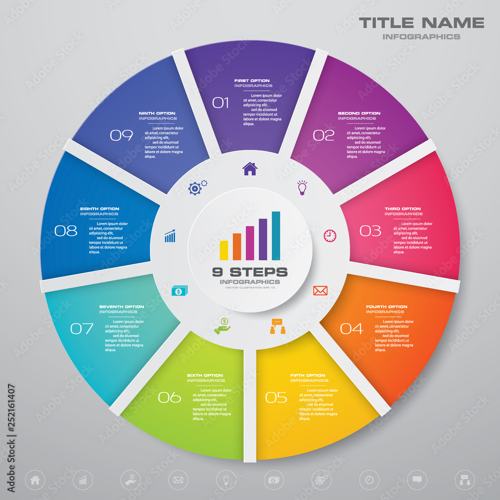 9 steps cycle chart infographics elements for data presentation. EPS 10 ...