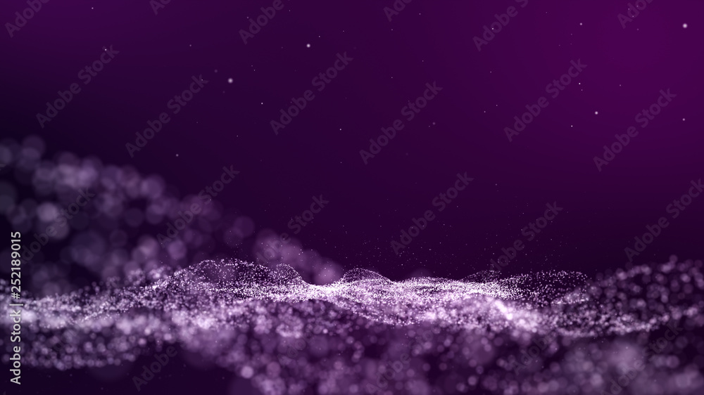 purple digital abstract background with wave particles, glow sparkles ...